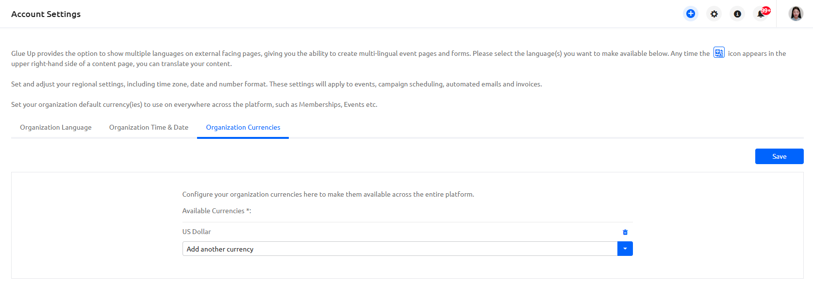 Selecting currencies and payment options – Glue Up