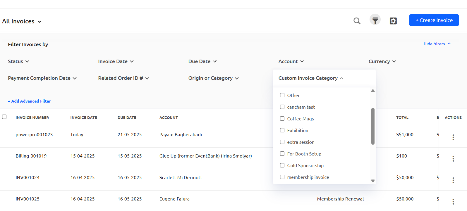 Custom Invoice Categories – Glue Up