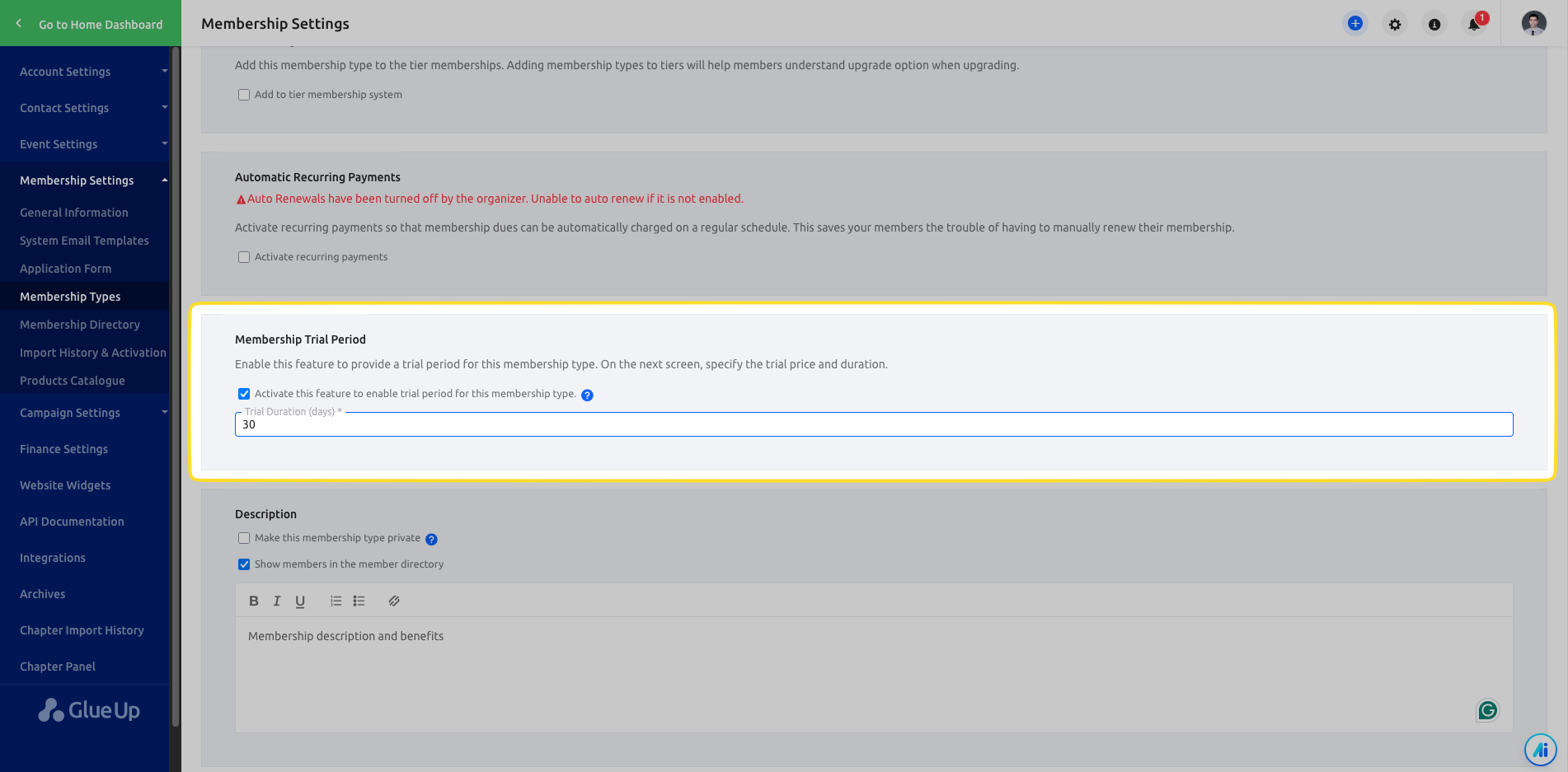 Trial Memberships – Glue Up
