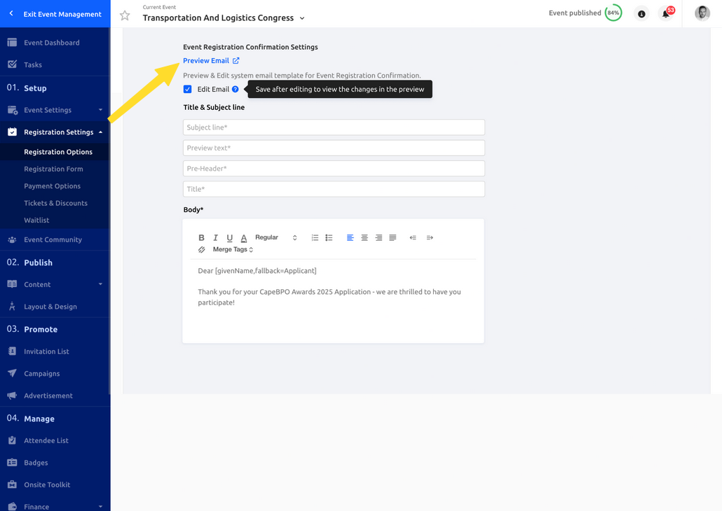 Edit Event Registration Confirmation Email per Event – Glue Up
